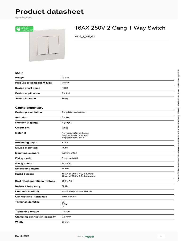 SCHNEIDER Vivace 16AX 2 Gang 1-Way Switch - KB32 1 WE G11 KB32 1 AS G11 ...