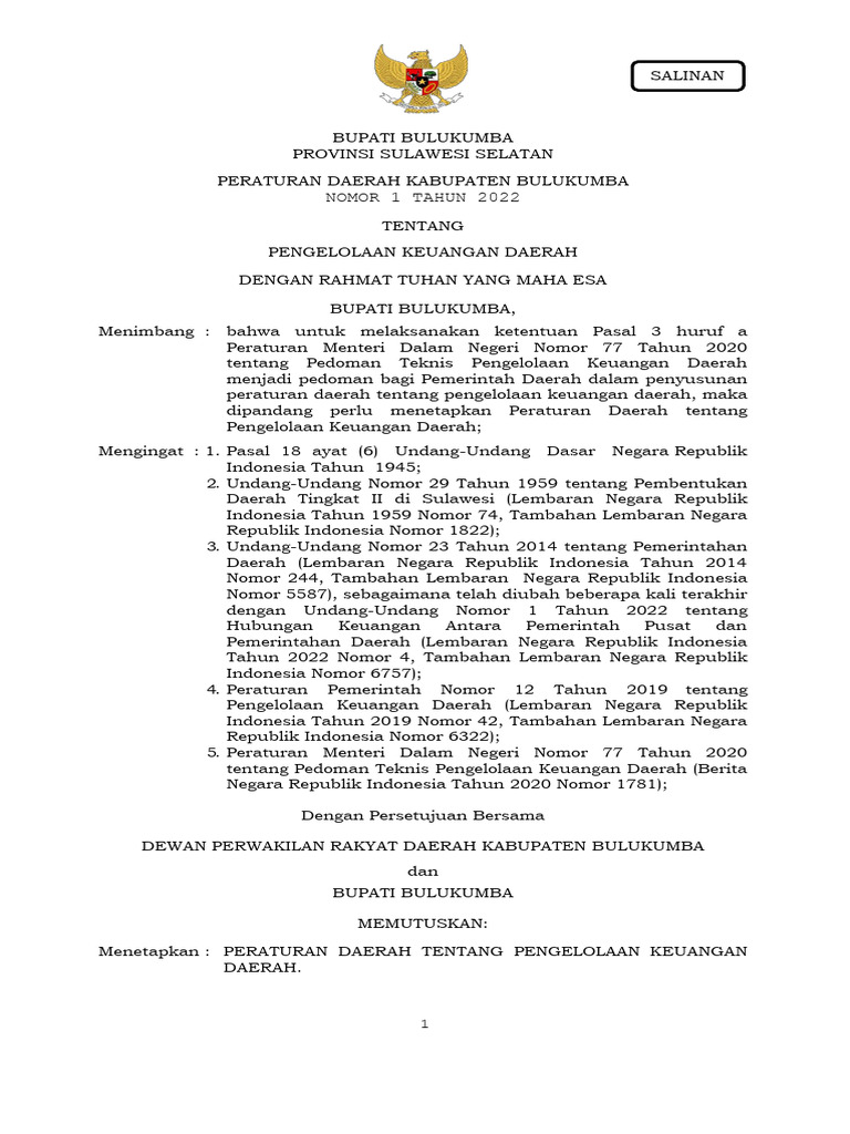 Perda No 1 THN 2022 TTG Pengelolaan Keuangan Daerah | PDF