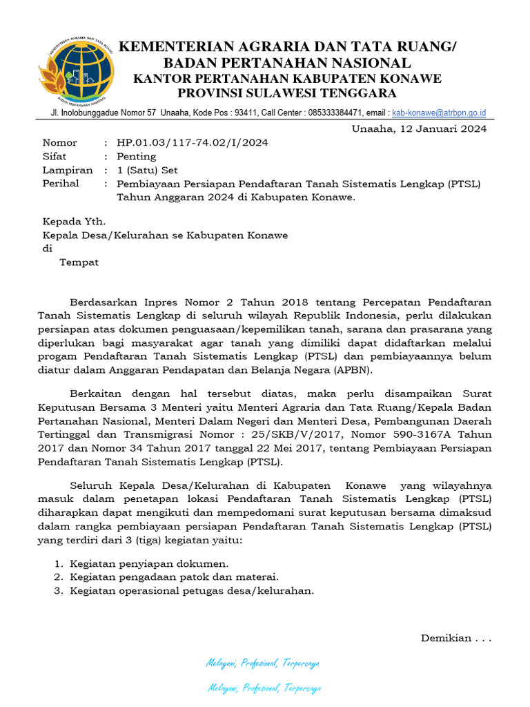 Surat Pemberitahuan Desa Lurah PTSL 2024 | PDF