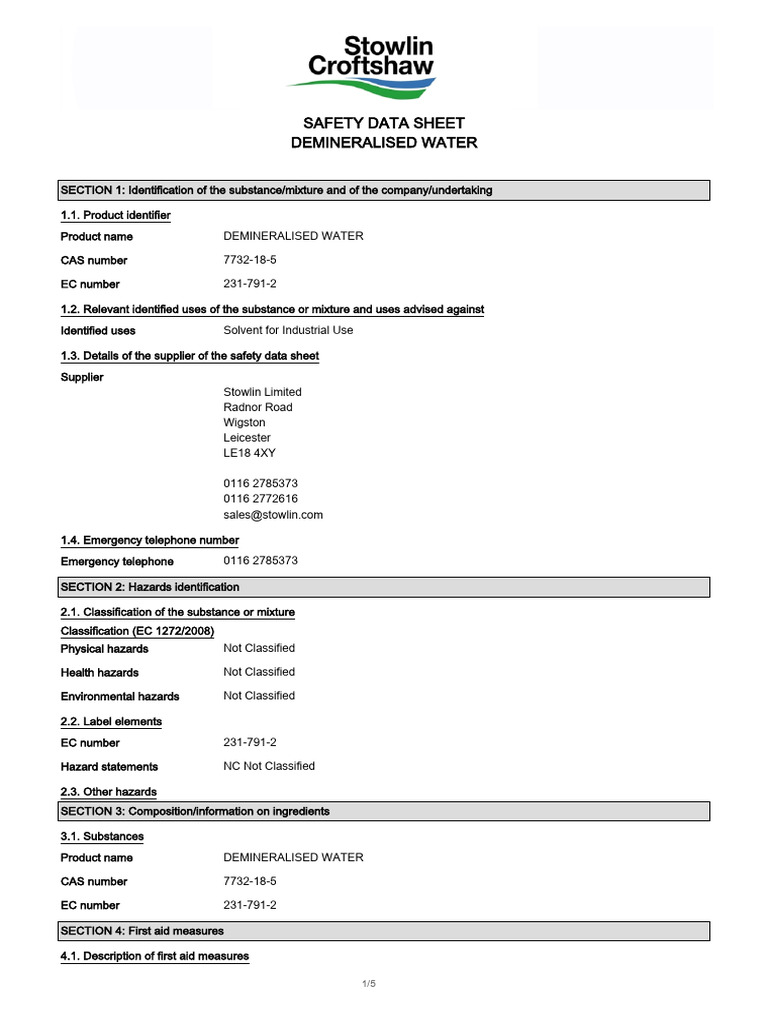 Demineralised Water Safety Data Sheet | PDF | Hazards | Occupational ...
