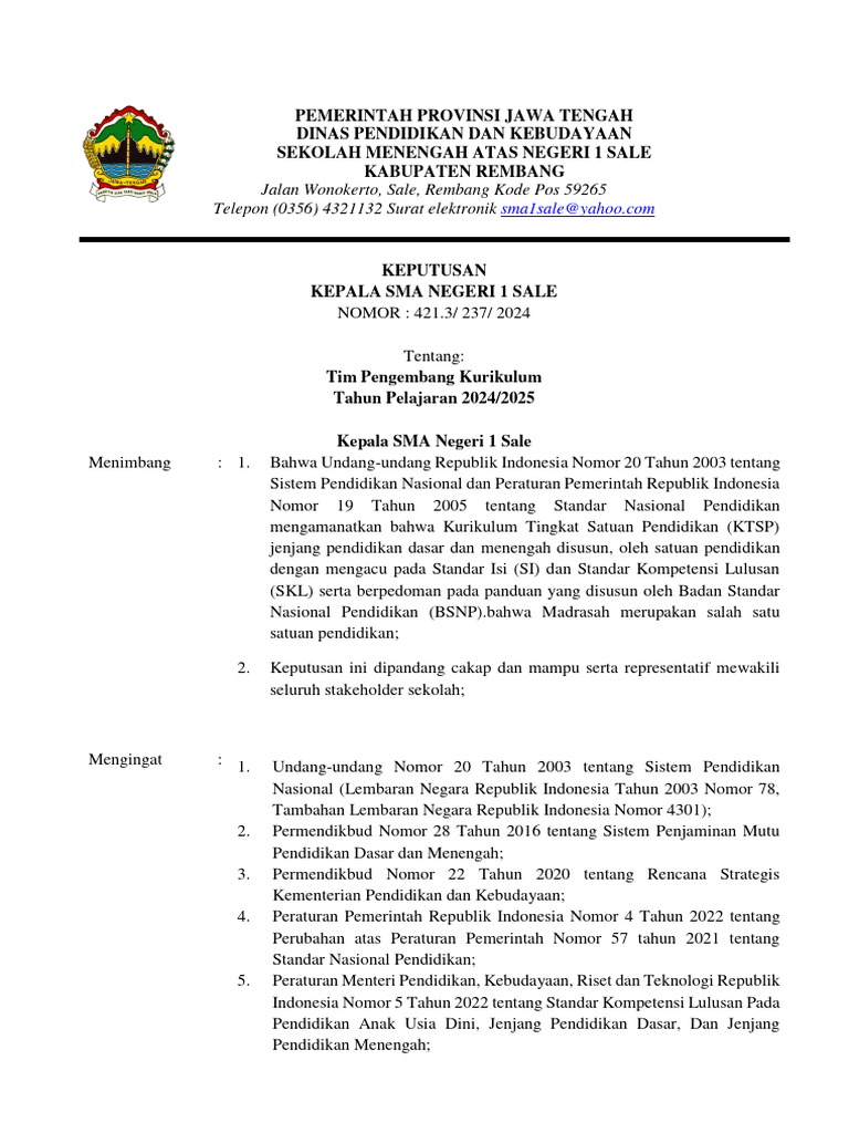 SK Tim Pengembang Kurikulum 2024/2025 | PDF