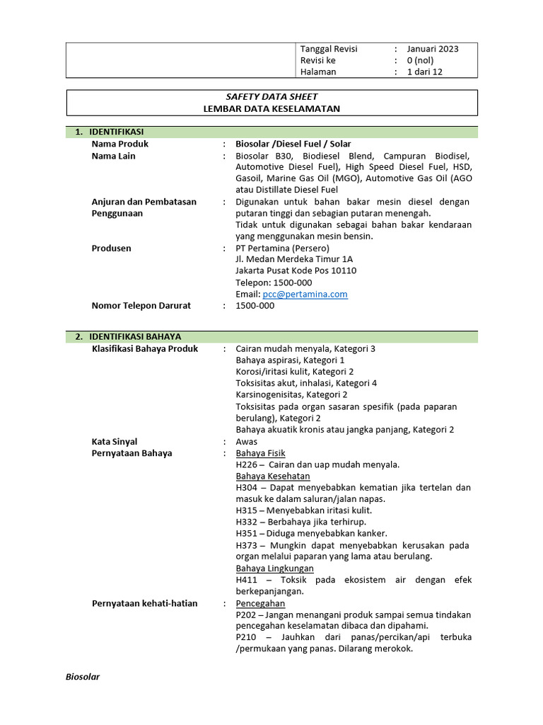 MSDS - Biosolar, Solar, Diesel Fuel - 2023 (IN) | PDF