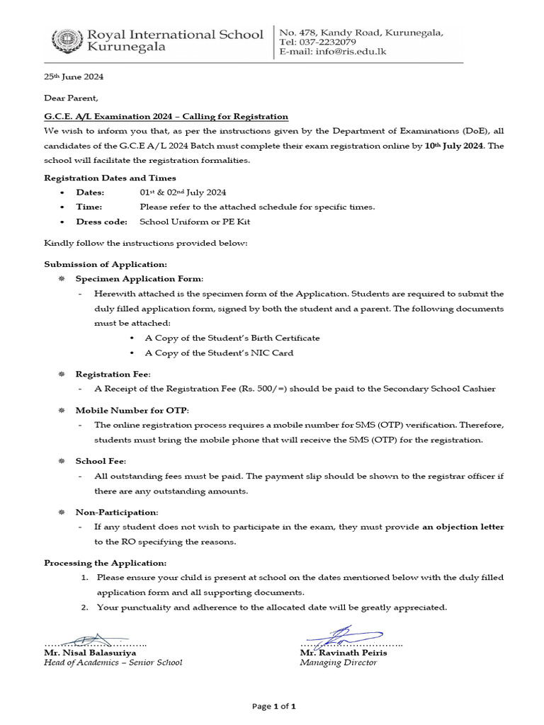 G.C.E. A/L 2024 Registration Notice | PDF