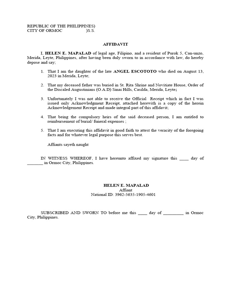 Affidavit - Burial Expenses | PDF