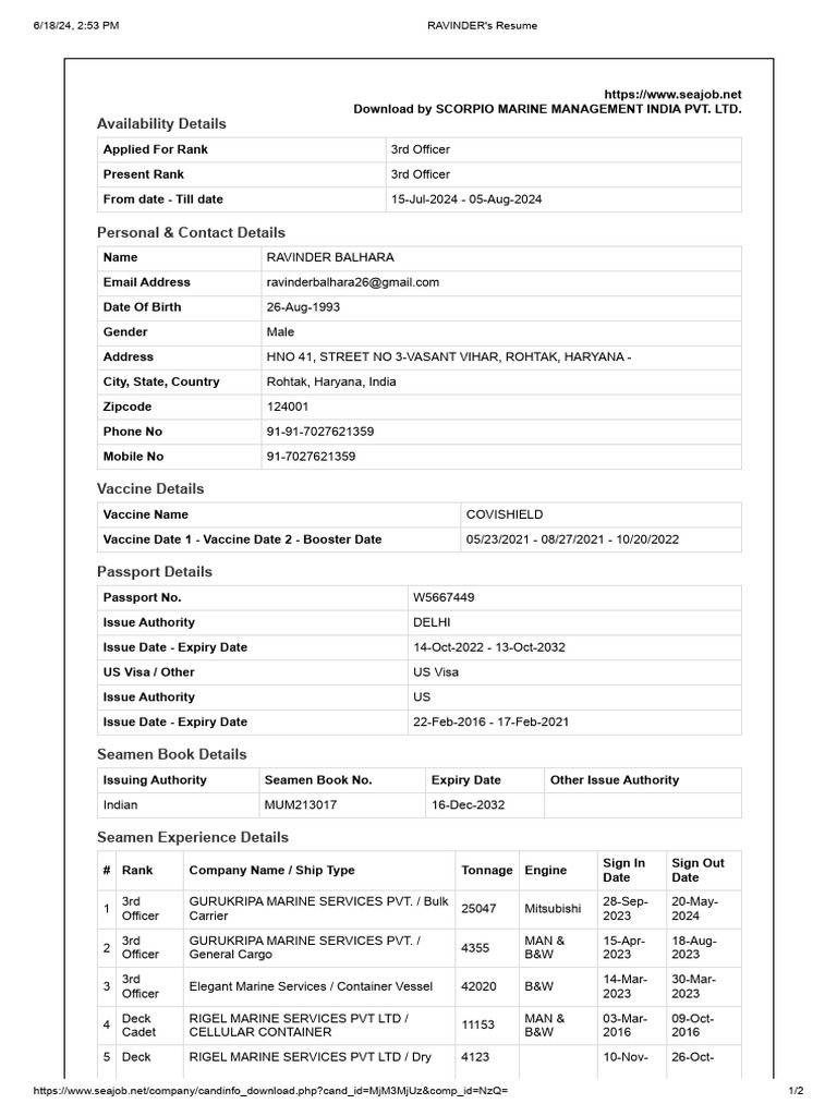 RAVINDER's Resume | PDF | Shipping | Water Transport