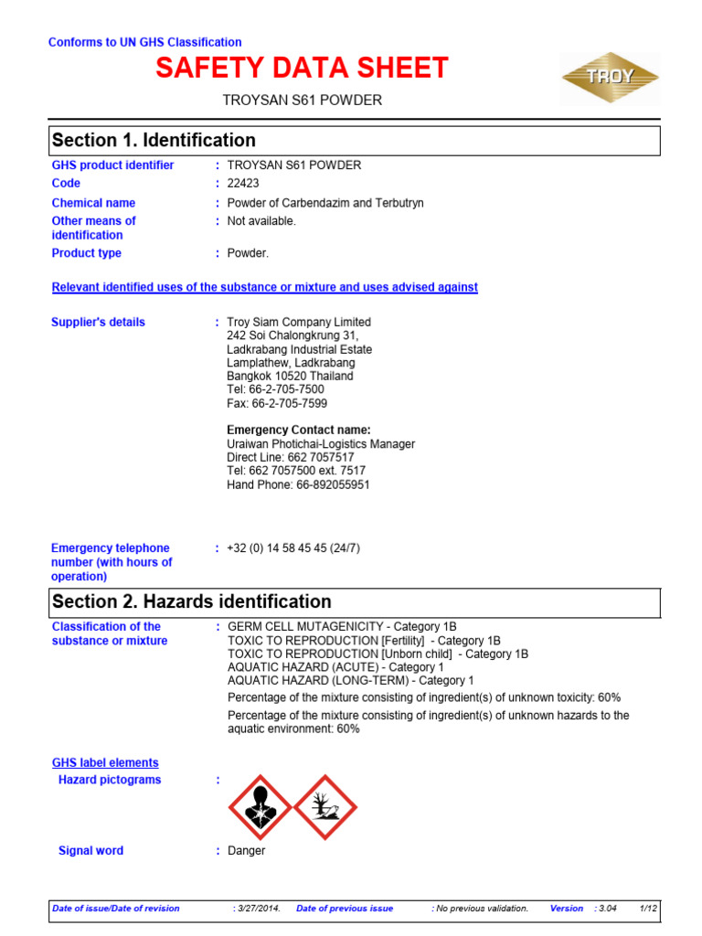Carbendazim Safety Data Sheet | PDF | Toxicity | Waste
