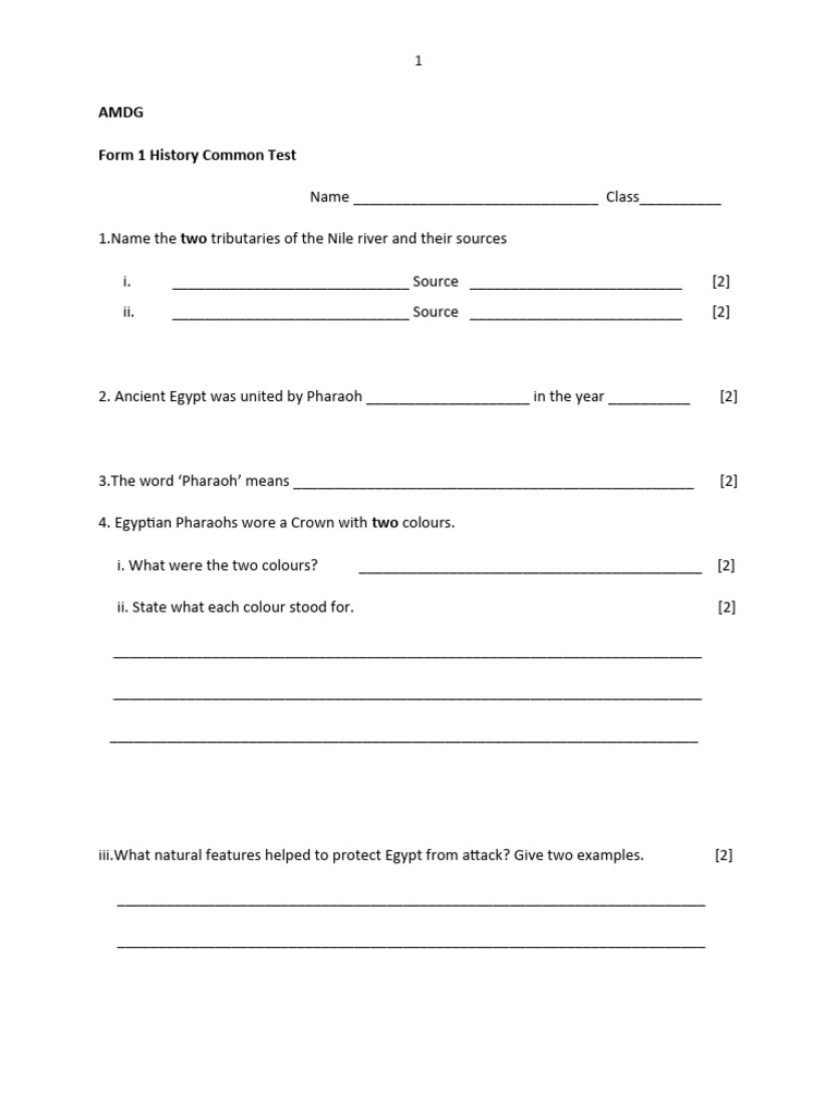 Form 1 History Common Test | PDF | Ancient Egypt | Pharaoh
