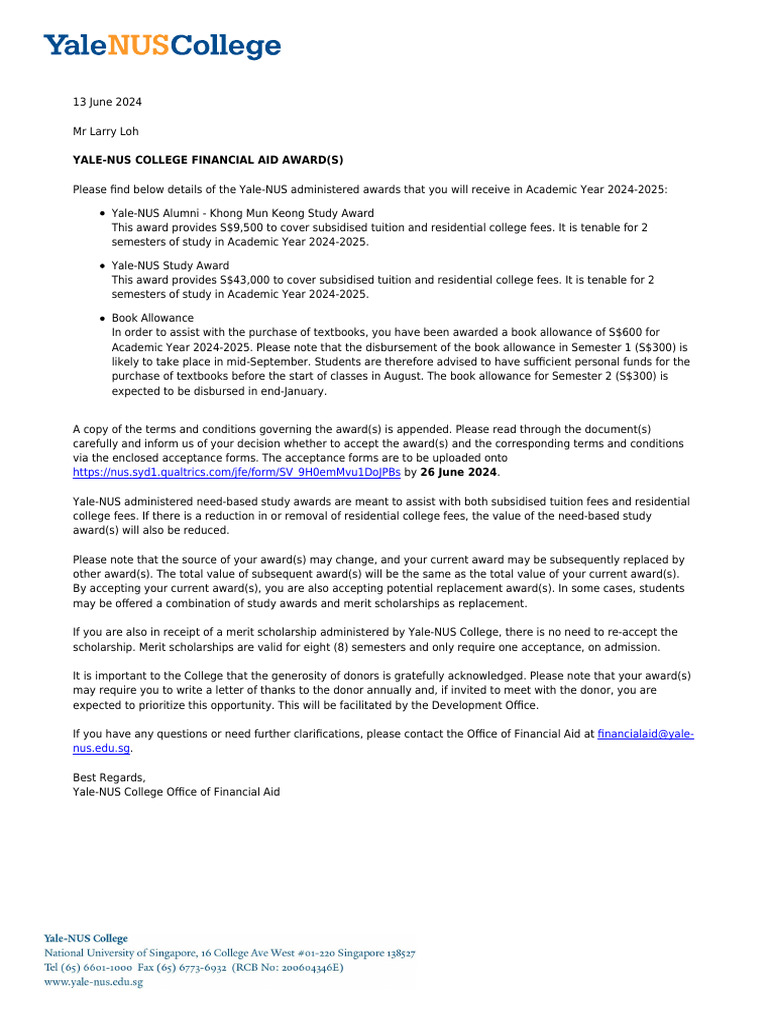 Yale-NUS Financial Aid Award Details | PDF | Student Financial Aid In ...