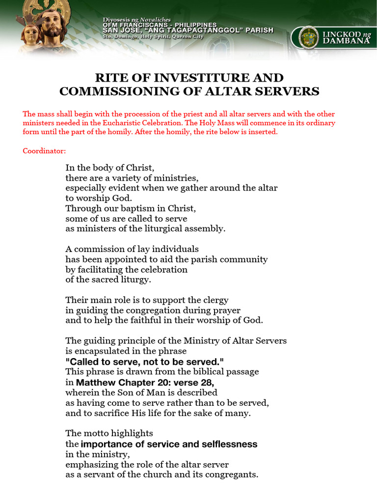 Rite of Investiture and Commissioning of New Altar Servers 2024 | PDF ...