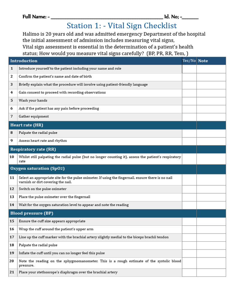 OSCE Checklist Measuring Basic Observations Vital Signs | PDF | Blood ...