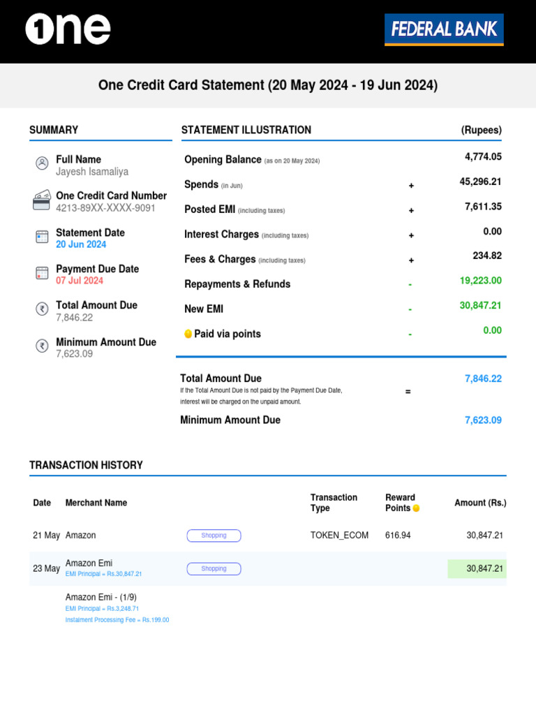 One Credit Card Statement (20 May 2024 - 19 Jun 2024) : Jayesh Isamaliya | PDF | Credit Card ...