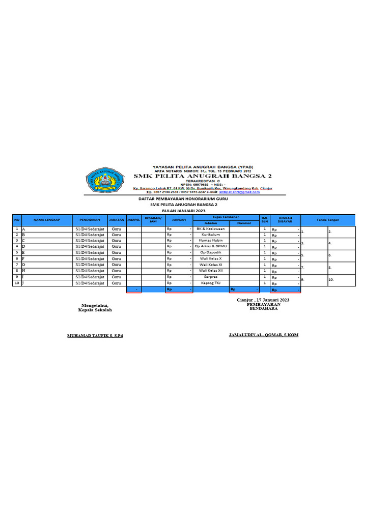Format Penerimaan Pembayaran Honor Guru - Tendik | PDF