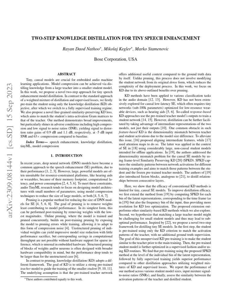 Two-Step Knowledge Distillation For Tiny Speech Enhancement | PDF | Matrix (Mathematics) | Deep ...