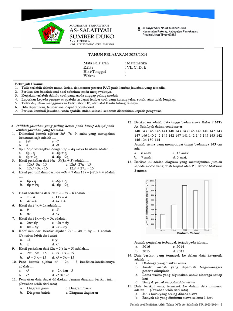 Soal Pat MTK Kelas 7 Genap | PDF