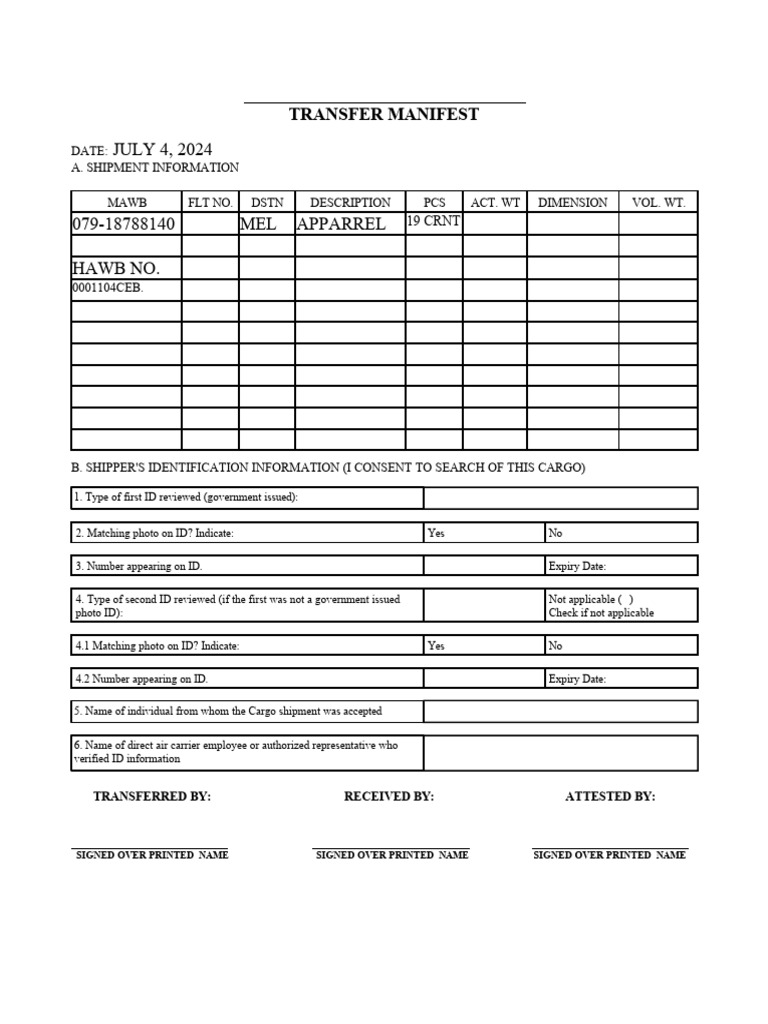 Air Cargo Transfer Manifest Details | PDF | Social Science