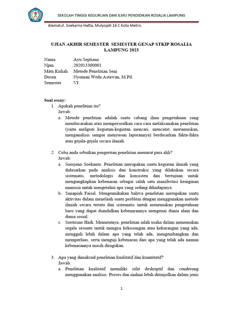 Soal Uas Metode Penelitian | PDF | Karier & Perkembangan | Ilmu Sosial