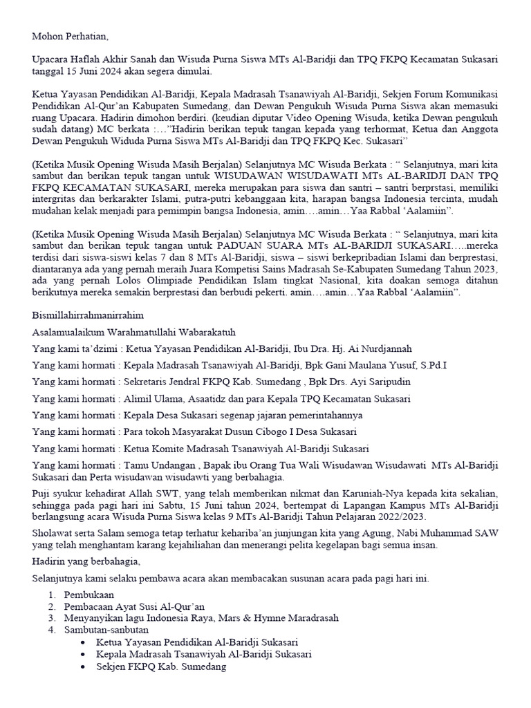 Teks MC Wisuda MTs Al-Baridji 2024 | PDF | Agama & Spiritualitas