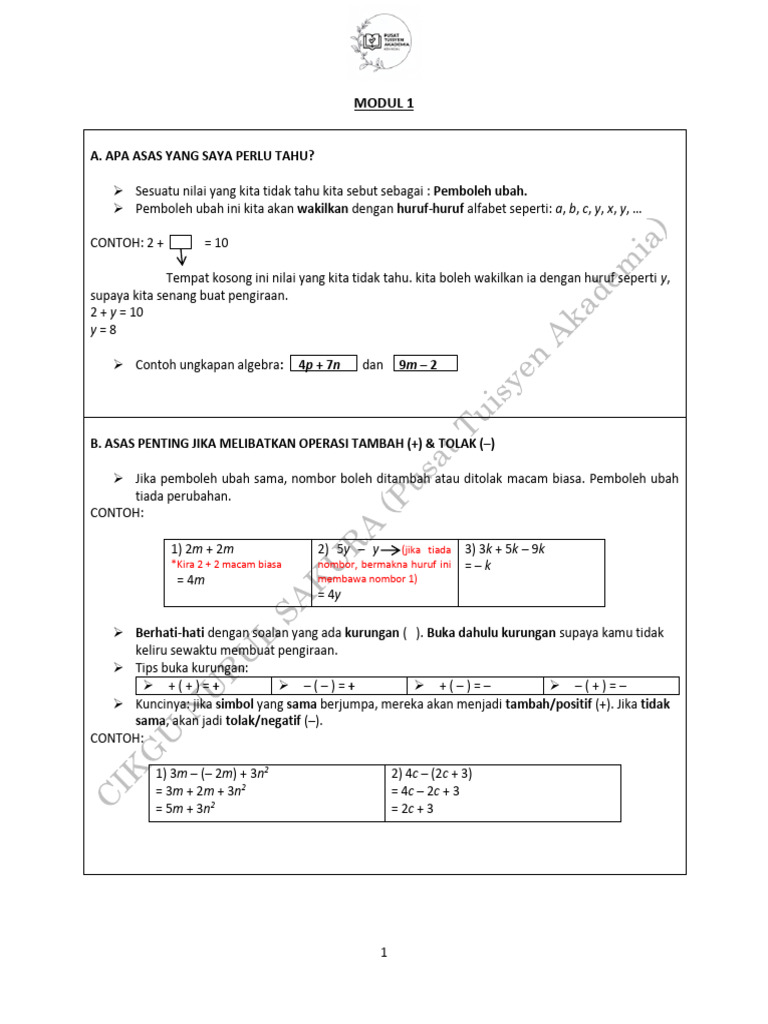 Modul 1 Bengkel Asas Algebra 1.0 | PDF
