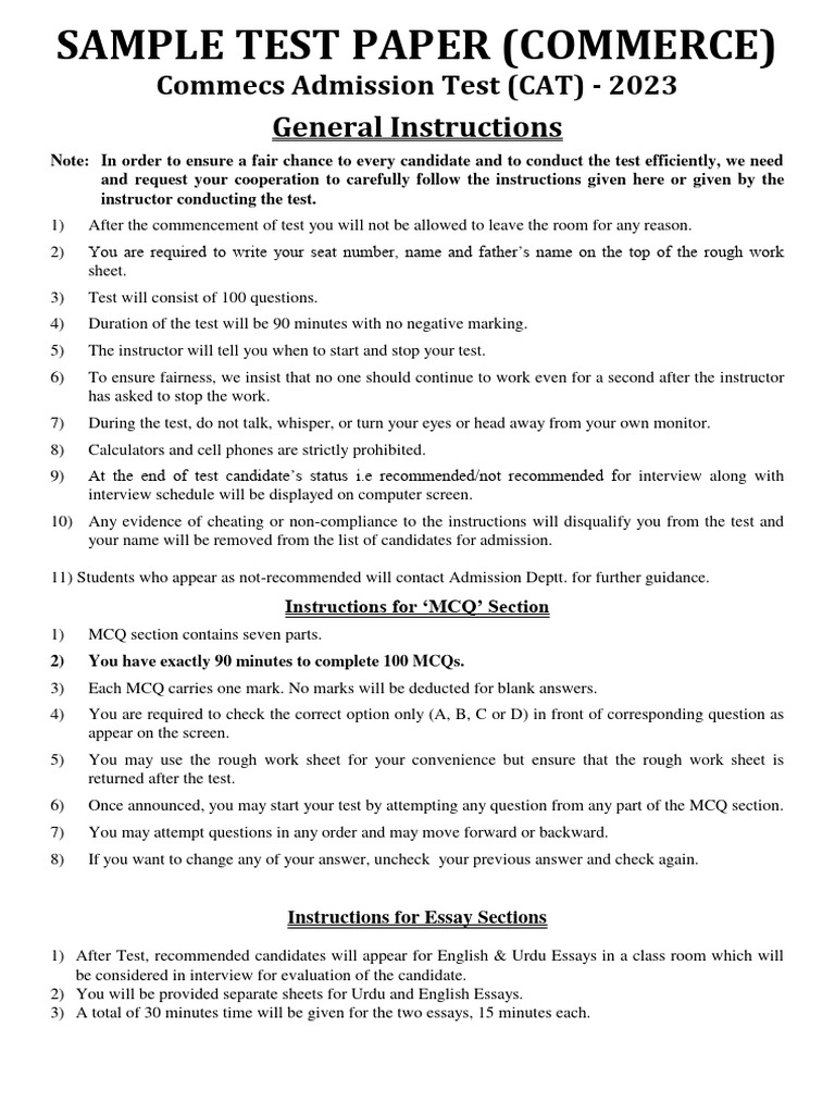 Sampl Test Paper Commerce | PDF | Multiple Choice