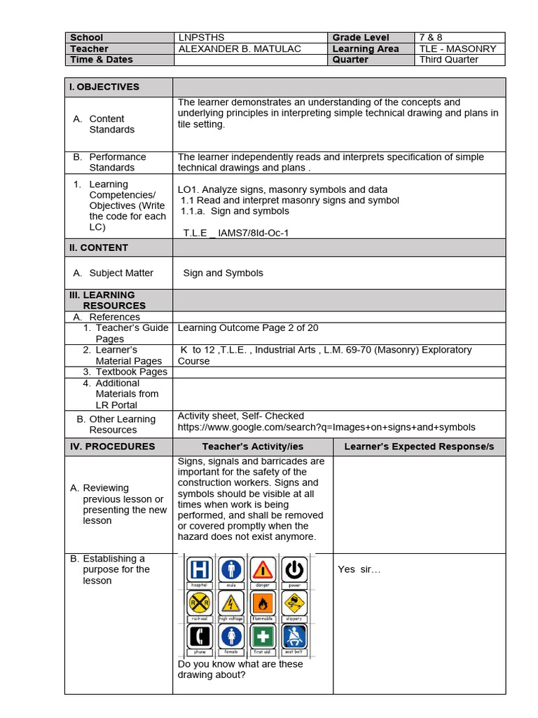 DLL - Lessson 2 - LO1.2 - Signs and Symbols | PDF | Learning | Education Theory