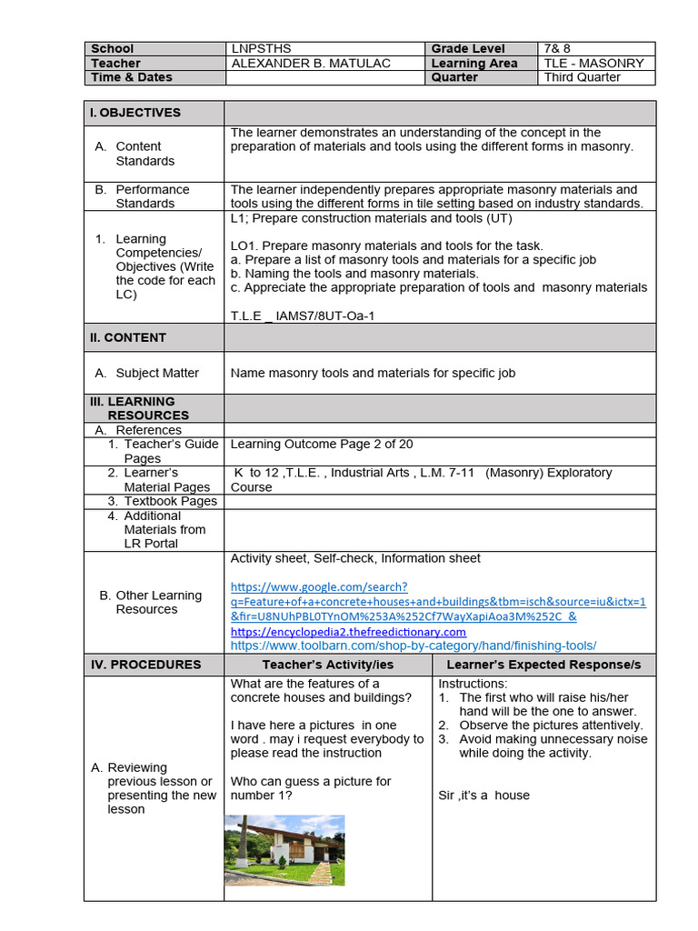 DLL - Lessson 1 - 1O1.1 - Masonry and Materials | PDF | Learning | Tools
