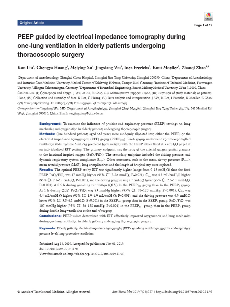 PEEP guided by electrical impedance tomography during one-lung ventilation in elderly patients ...