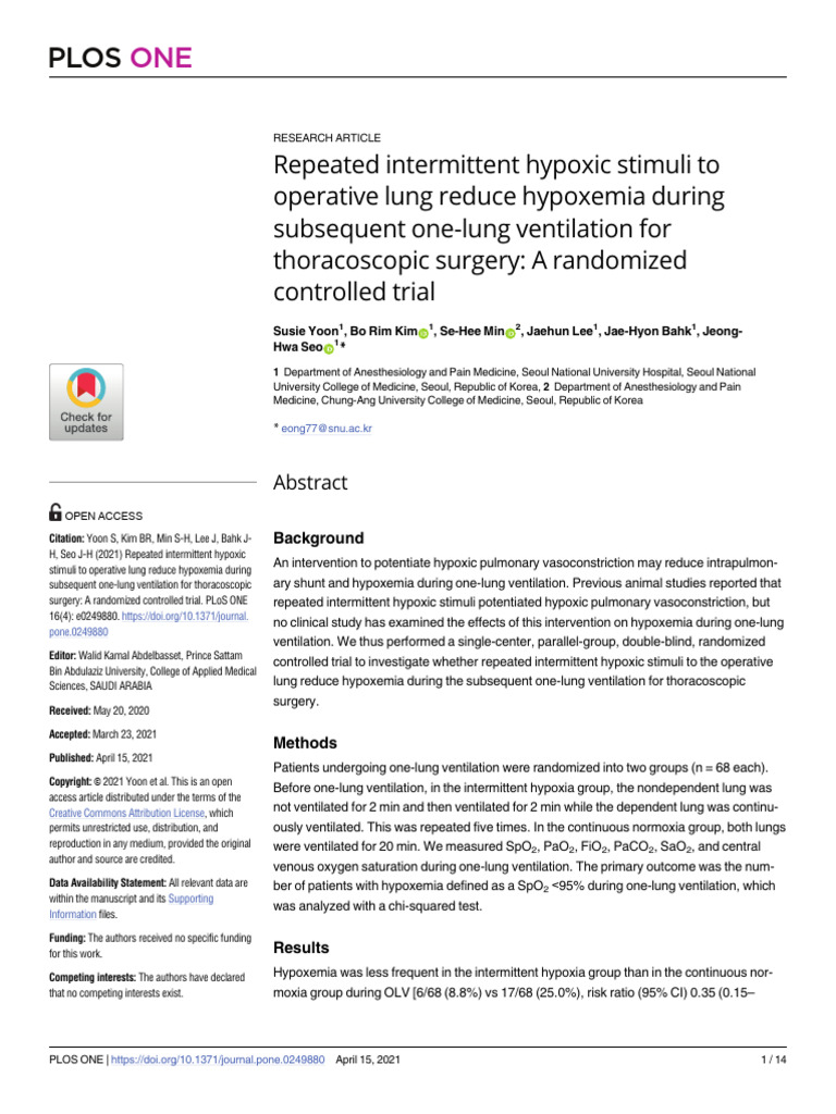 Repeated Intermittent Hypoxic Stimuli to Operative Lung Reduce Hypoxemia During Subsequent One ...
