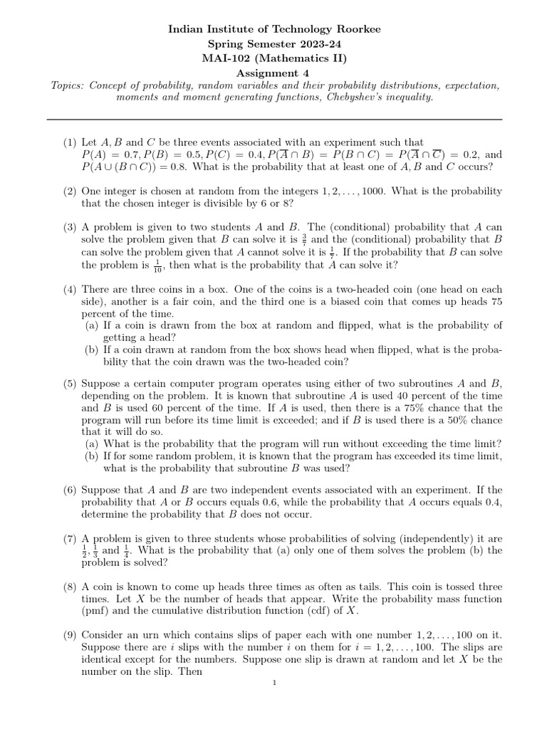 MAI 102 Assignment 4 | PDF | Probability Density Function | Random Variable