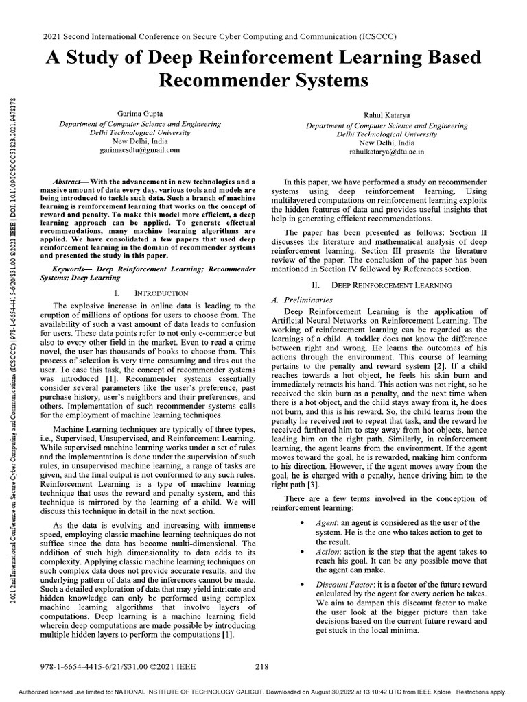 A Study of Deep Reinforcement Learning Based Recommender Systems | PDF | Computers