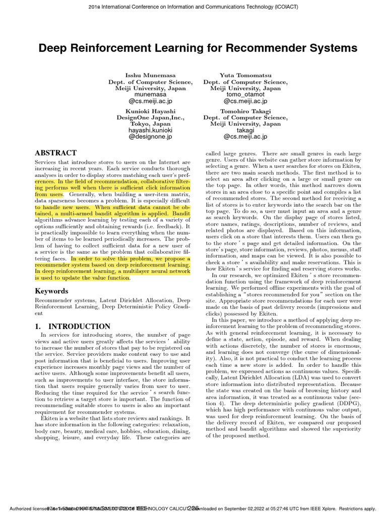 Deep Reinforcement Learning For Recommender Systems | PDF | Cognition