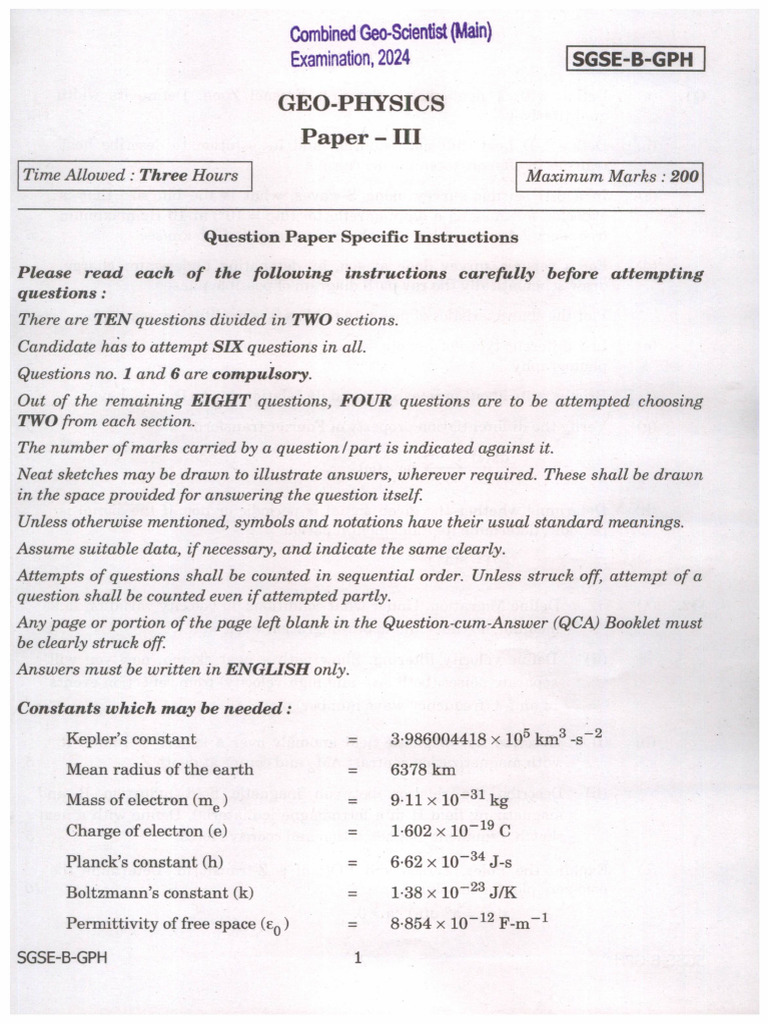 QP CGSMain 24 GEO PHYSICS PAPER III 240624 | PDF