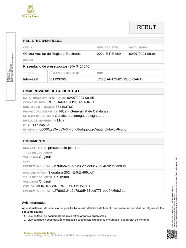 Justificant de Recepció - Rebut - Rebut-2024-E-RE-489 | PDF