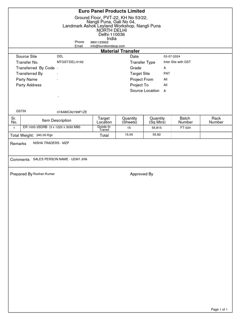 Material Transfer Details for Euro Panel Products | PDF