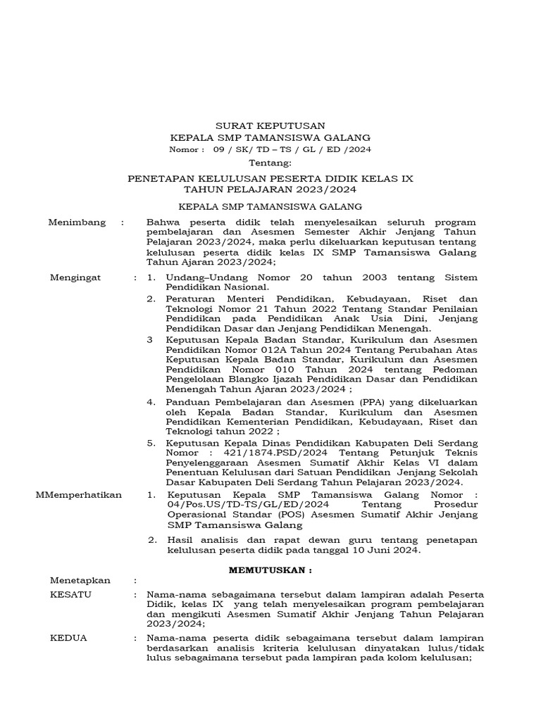 Surat Keputusan Kelulusan SMP 2024 | PDF