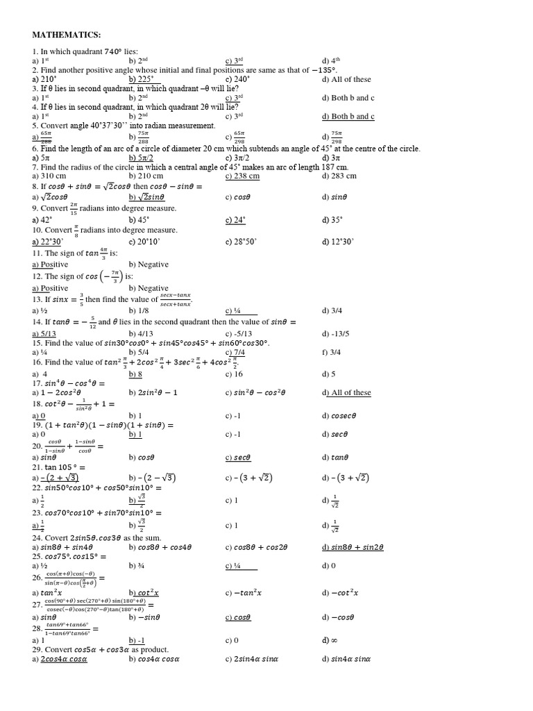 Math 1 (Test - 4) Key | PDF | Angle | Triangle
