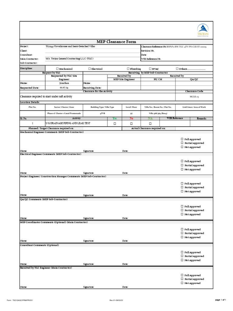 MEP Clearance Form: Clearance Required To Start Under Raft Activity ...