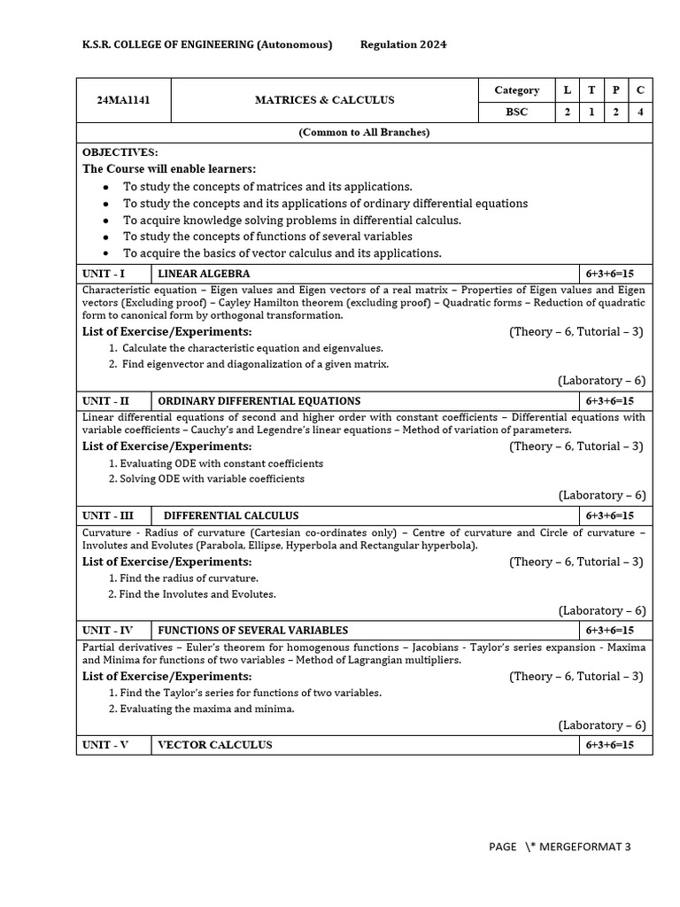 Matrices and Calculus Course Syllabus | PDF | Eigenvalues And Eigenvectors | Ordinary ...