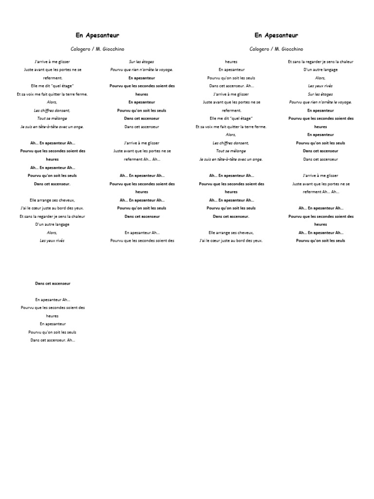 En Apesanteur : Paroles de Calogero | PDF | Ascenseur | Single (musique)