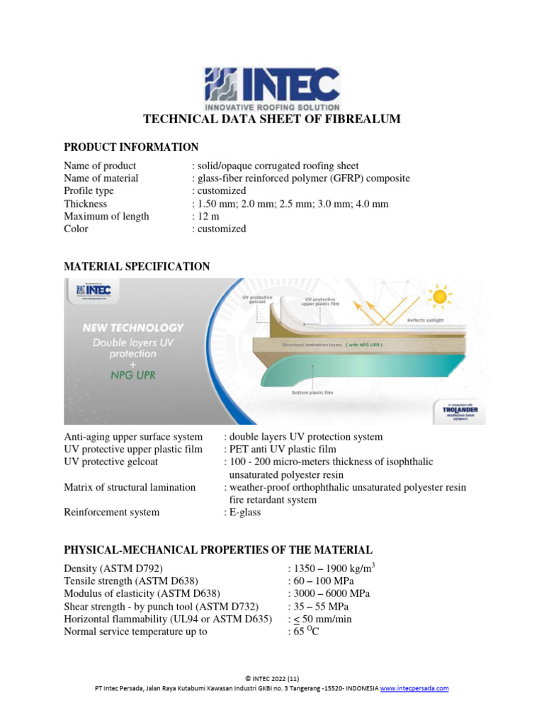 TECHNICAL DATA SHEET OF FIBREALUM (New) | PDF | Fiberglass | Composite ...