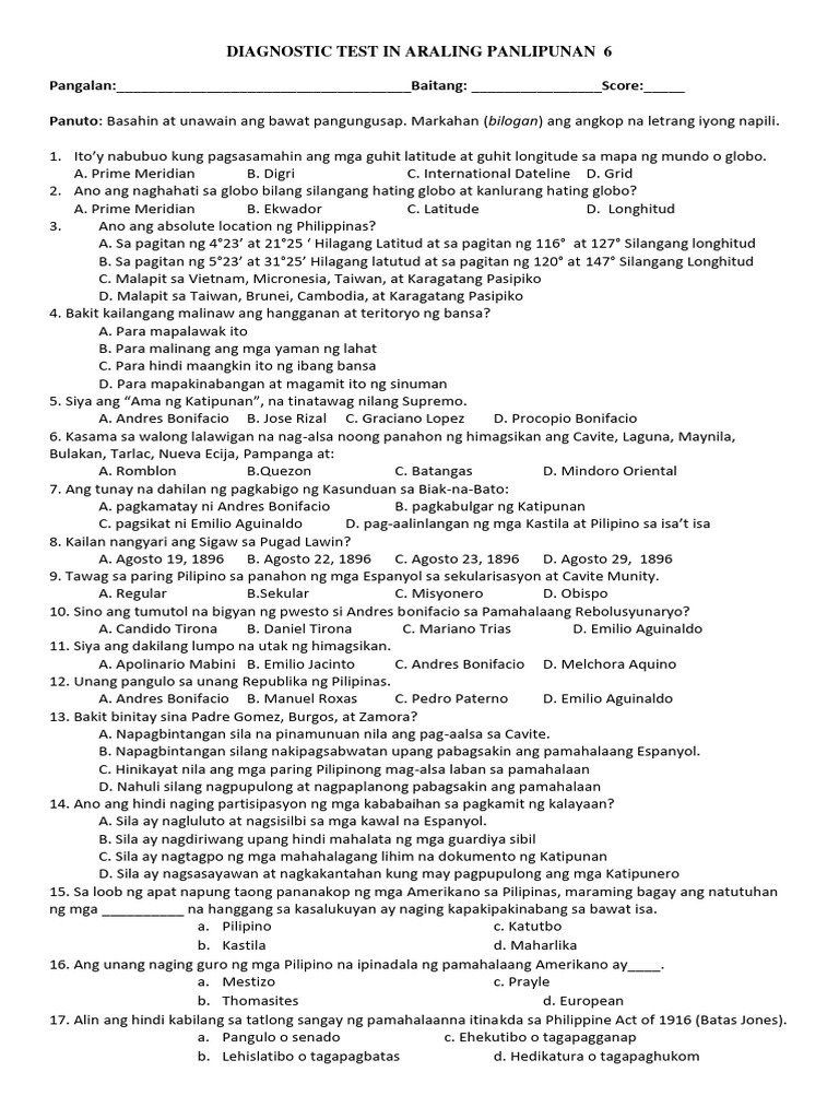 Diagnostic Test in Ap6 (With Answer Key) | PDF