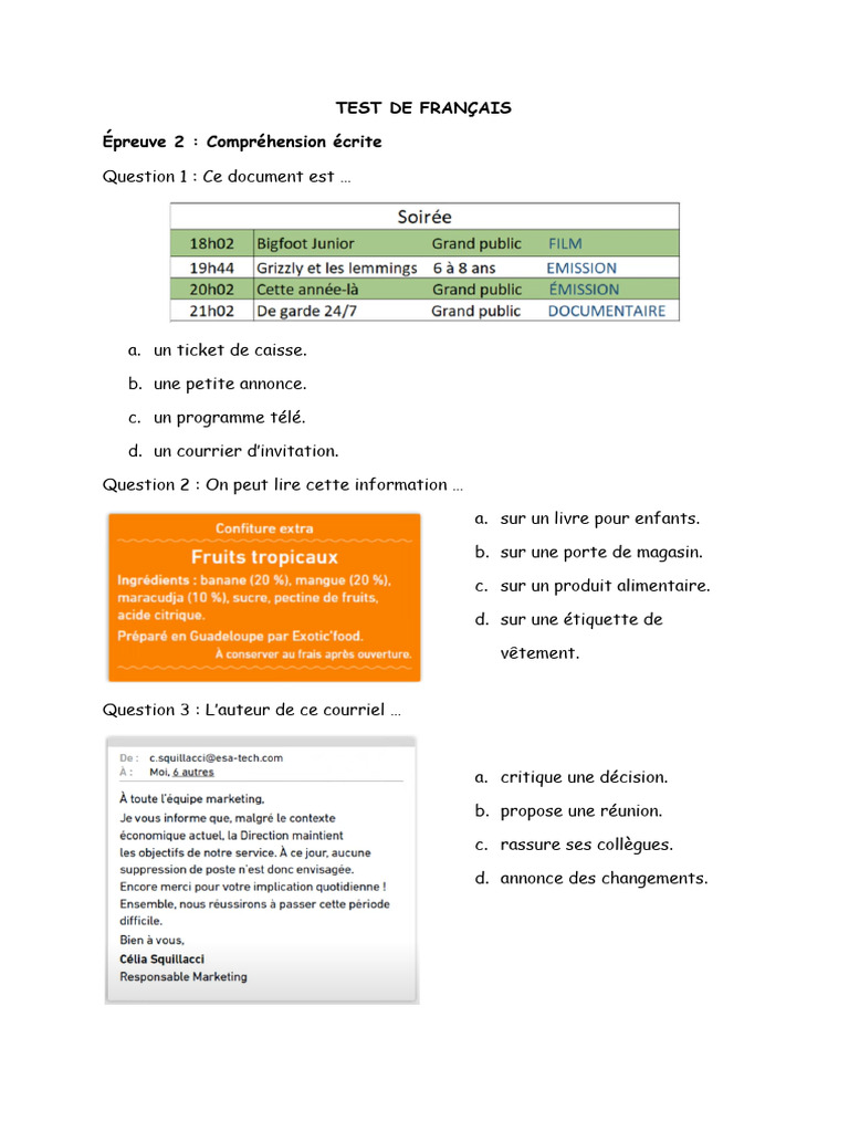 Test de compréhension écrite A1 | PDF