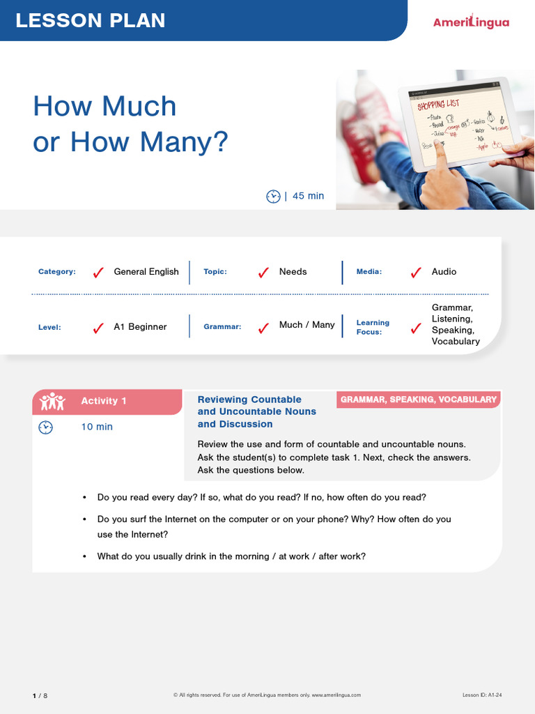 A1-24 Lesson Plan How Much or How Many | PDF | Noun | Drink