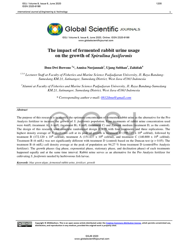 The Impact of Fermented Rabbit Urine Usage On The Growth of Spirulina ...
