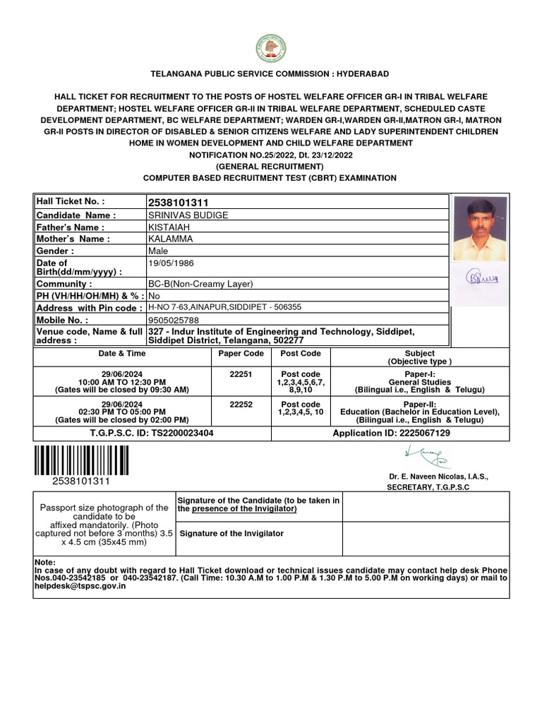 Telangana PSC Hall Ticket for Welfare Posts | PDF | Identity Document