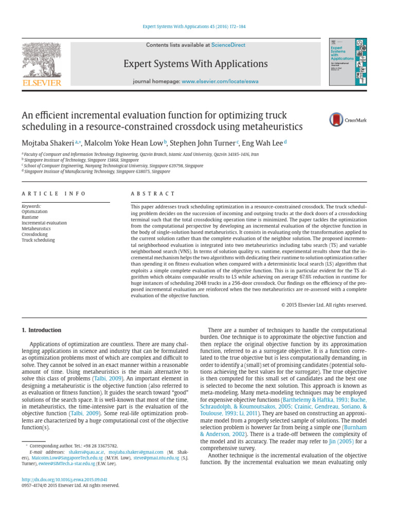 An Efficient Incremental Evaluation Function For Optimizing Truck Scheduling in A Resource ...