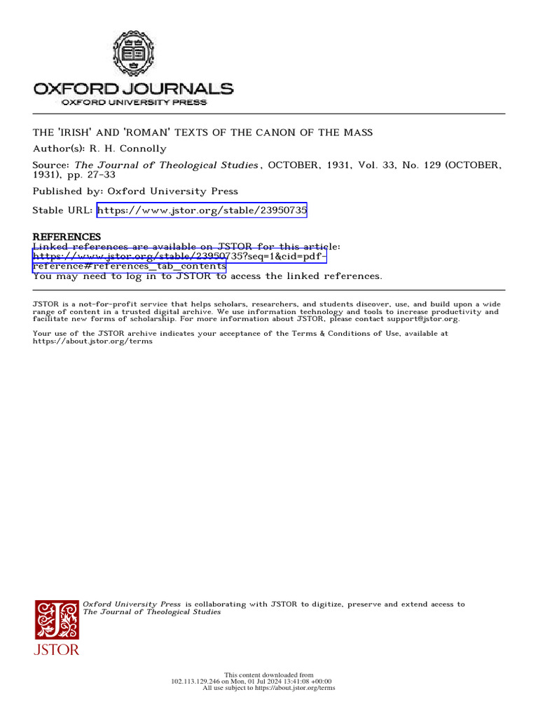 Irish and Roman Texts of The Canon Missae | PDF | Catholic Church