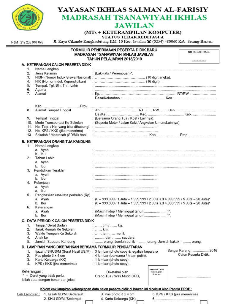Formulir MTS Ikhlas | PDF