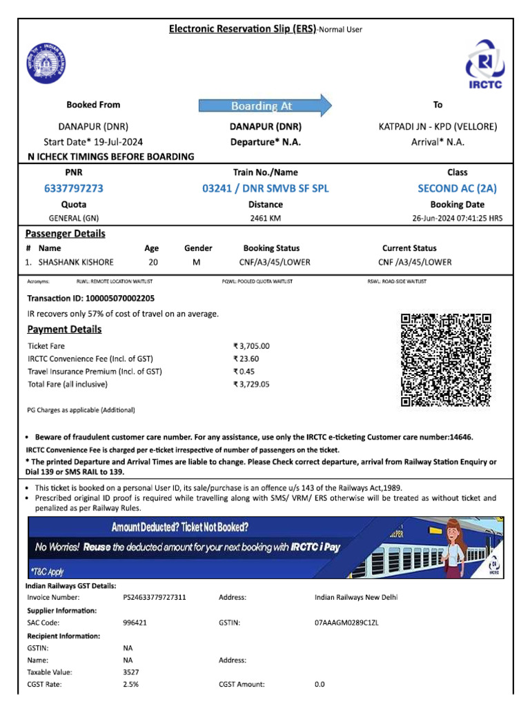 19 July Ticket Katpadi | PDF
