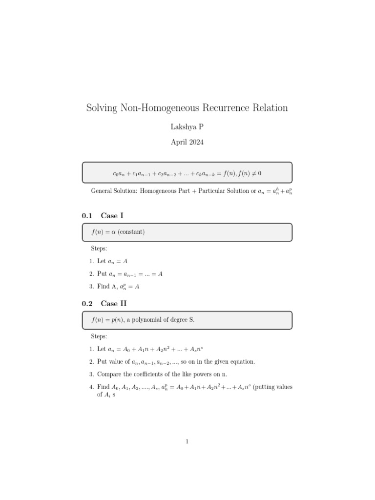 Particular Solutions To Non Homogeneous Recurrence Relations 1 | PDF | Recurrence Relation ...