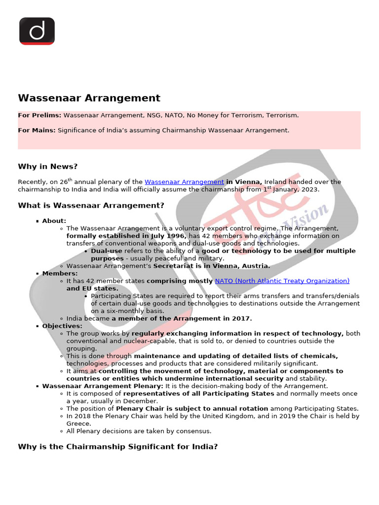 India Assumes Wassenaar Chairmanship | PDF | International Security | International Relations